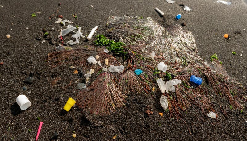 Microplastics between Seaweed on the Sandy Beach Stock Illustration ...