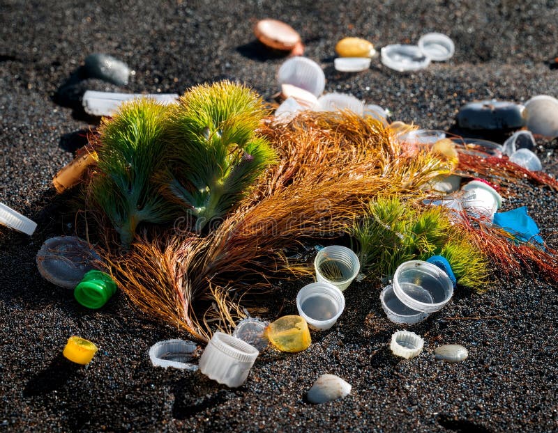 Microplastics between Seaweed on the Sandy Beach Stock Illustration ...