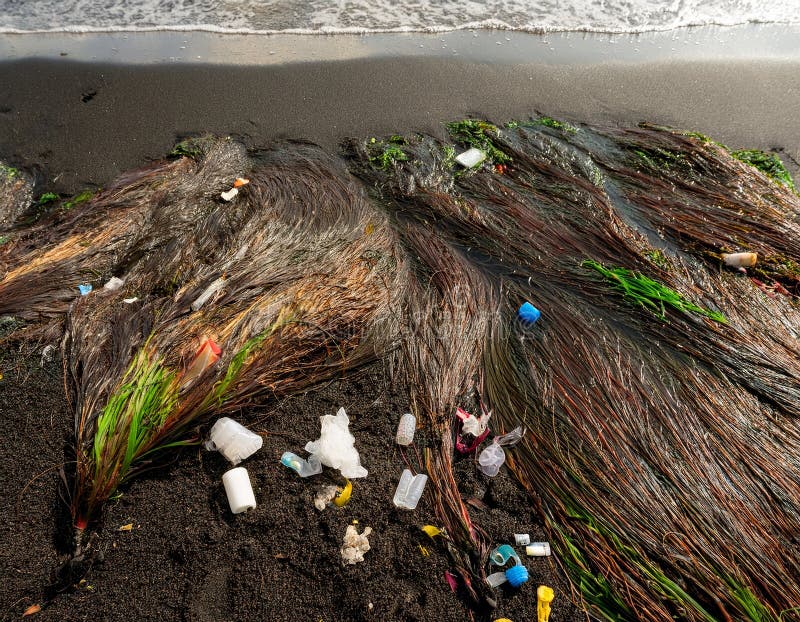 Microplastics between Seaweed on the Sandy Beach Stock Illustration ...