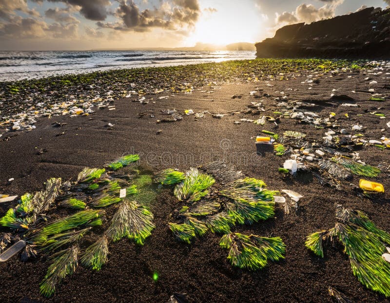 Microplastics between Seaweed on the Sandy Beach Stock Illustration ...