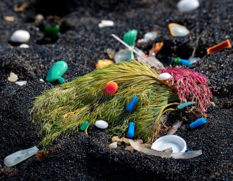 Microplastics between Seaweed on the Sandy Beach Stock Illustration ...