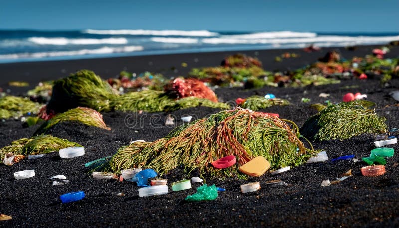 Microplastics between Seaweed on the Sandy Beach Stock Illustration ...