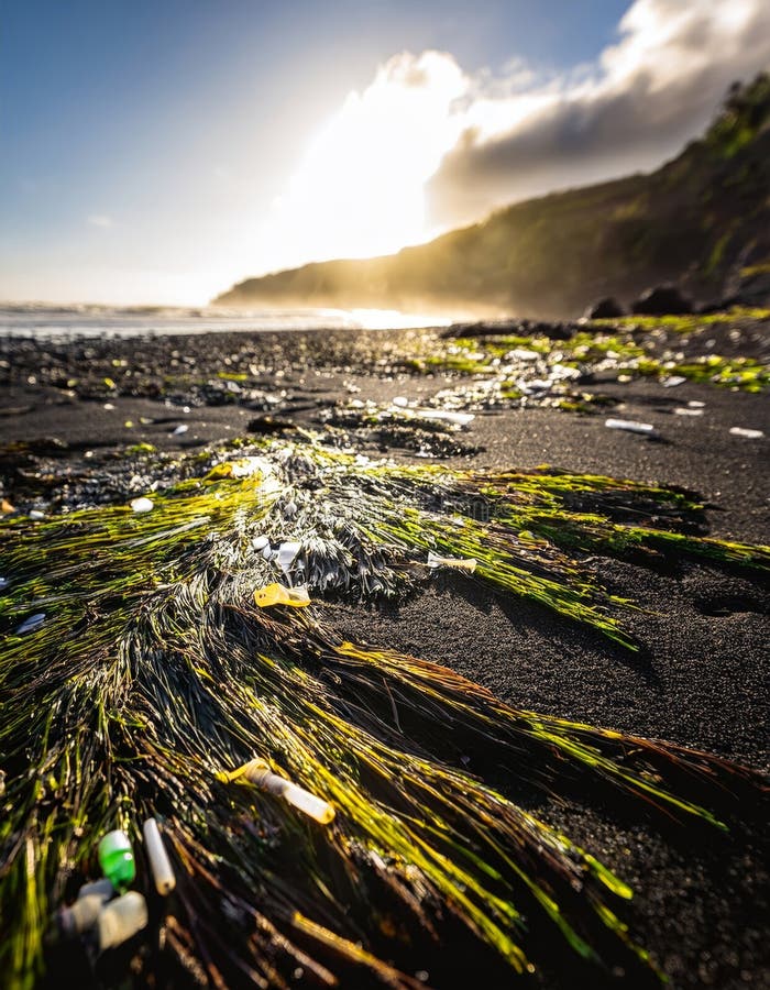Microplastics between Seaweed on the Sandy Beach Stock Illustration ...