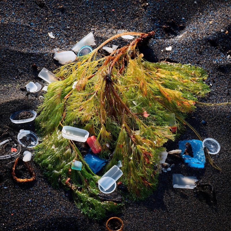 Microplastics between Seaweed on the Sandy Beach Stock Illustration ...