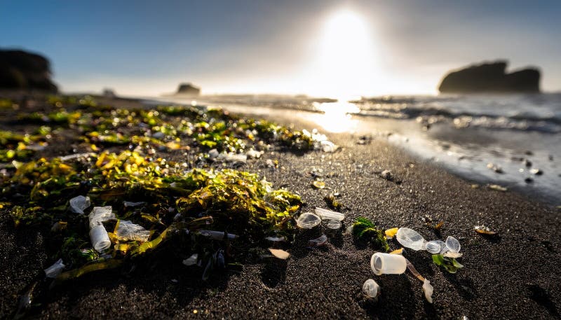 Microplastics between Seaweed on the Sandy Beach Stock Illustration ...
