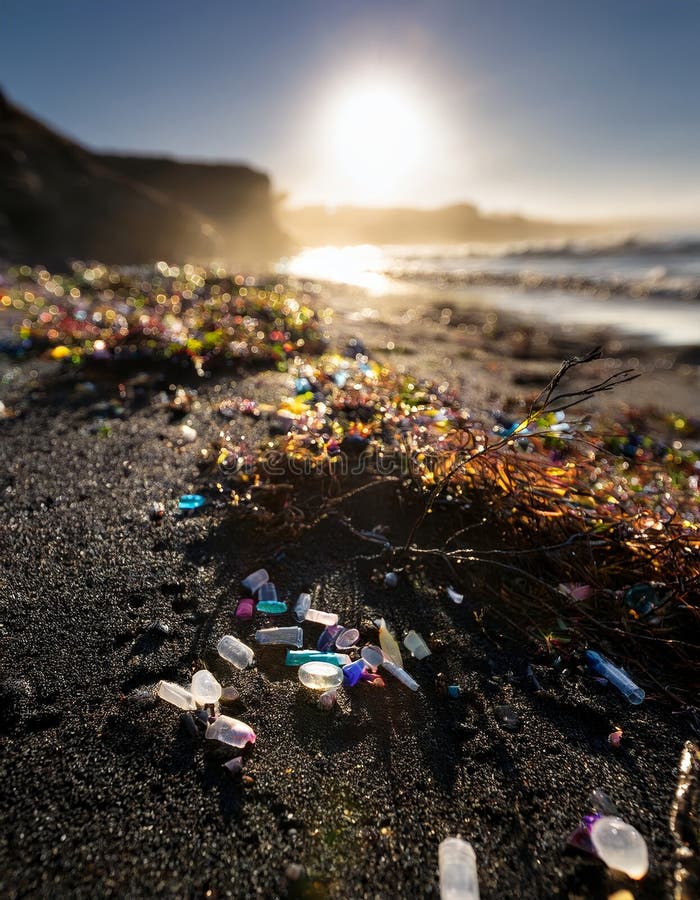 Microplastics between Seaweed on the Sandy Beach Stock Illustration ...