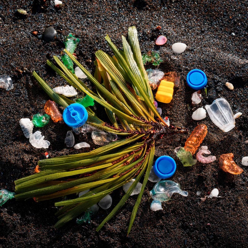 Microplastics between Seaweed on the Sandy Beach Stock Illustration ...