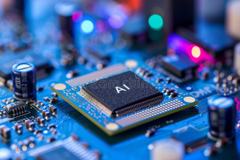 Microprocessor with AI Inscription on Electronic Board with Blue ...