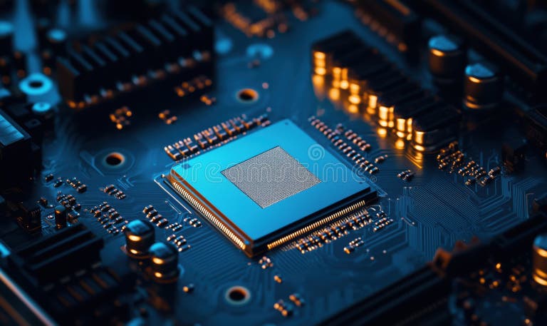 Microprocessor on Circuit Board with Blue and Orange Lighting, High ...