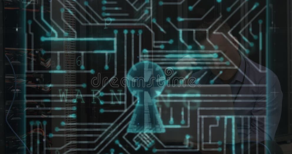 Microprocessor Connections Forming a Security Padlock Against Caucasian Male Engineer Using ...
