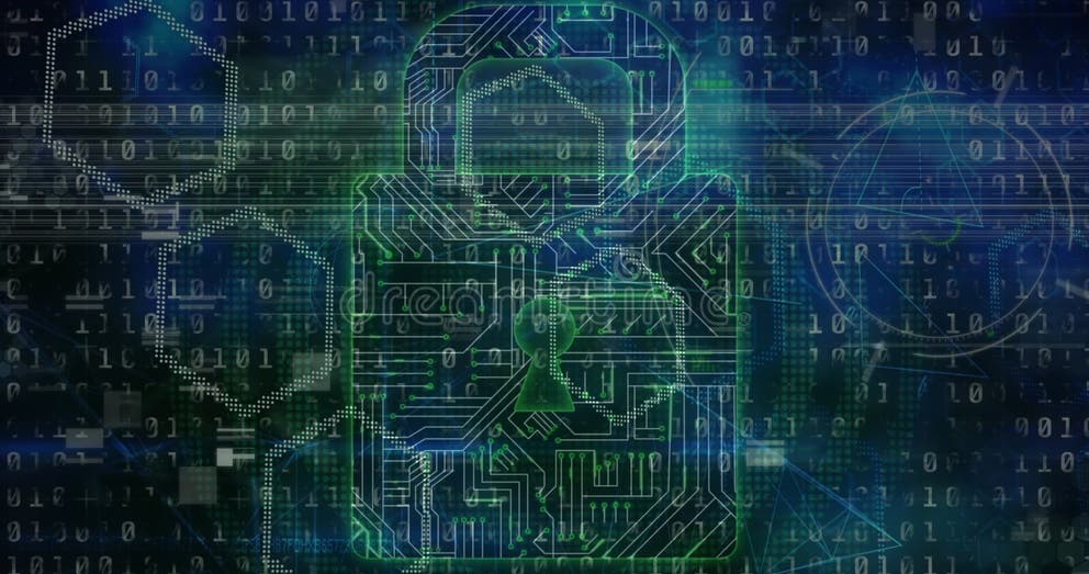 Microprocessor Connections Forming a Security Padlock Icon Against Binary Coding Data Processing ...
