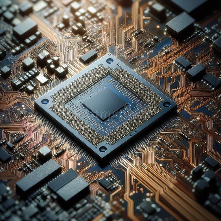 Microprocessor on a Copper-toned Circuit Board with Complex Pathways ...