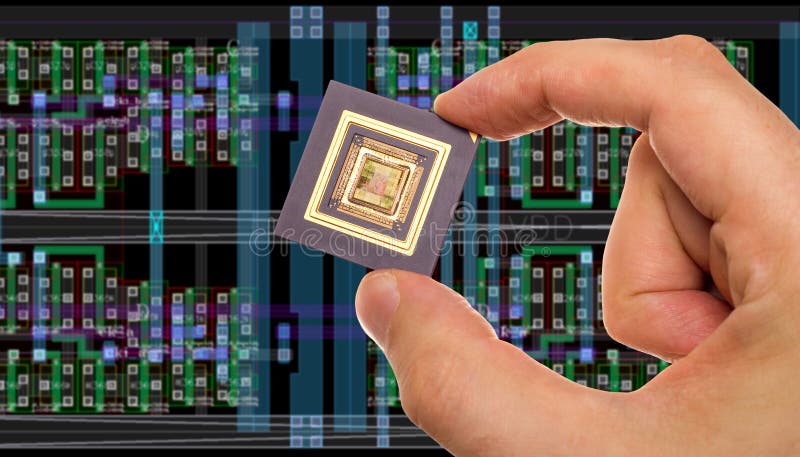 Microprocessor in Hand and Chip Layout Stock Image - Image of ...