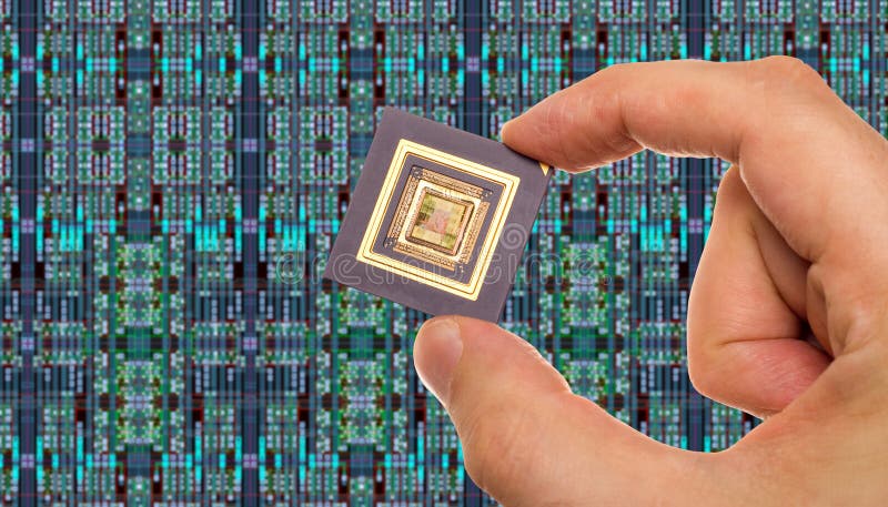 Microprocessor in Hand and Chip Layout Stock Photo - Image of component ...