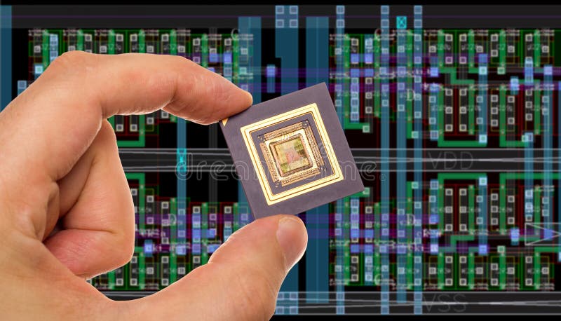 Microprocessor in Hand and Chip Layout Stock Photo - Image of ...