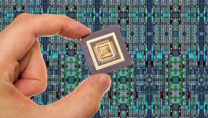 Microprocessor in Hand and Chip Layout Stock Photo - Image of industry ...