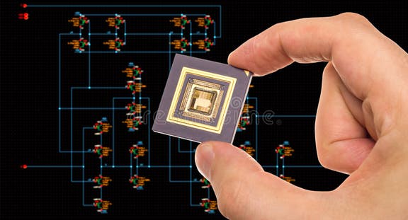 Microprocessor in Hand and Circuit Schematic Stock Photo - Image of ...