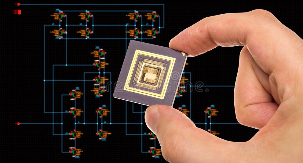 Microprocessor in Hand and Circuit Schematic Stock Photo - Image of ...