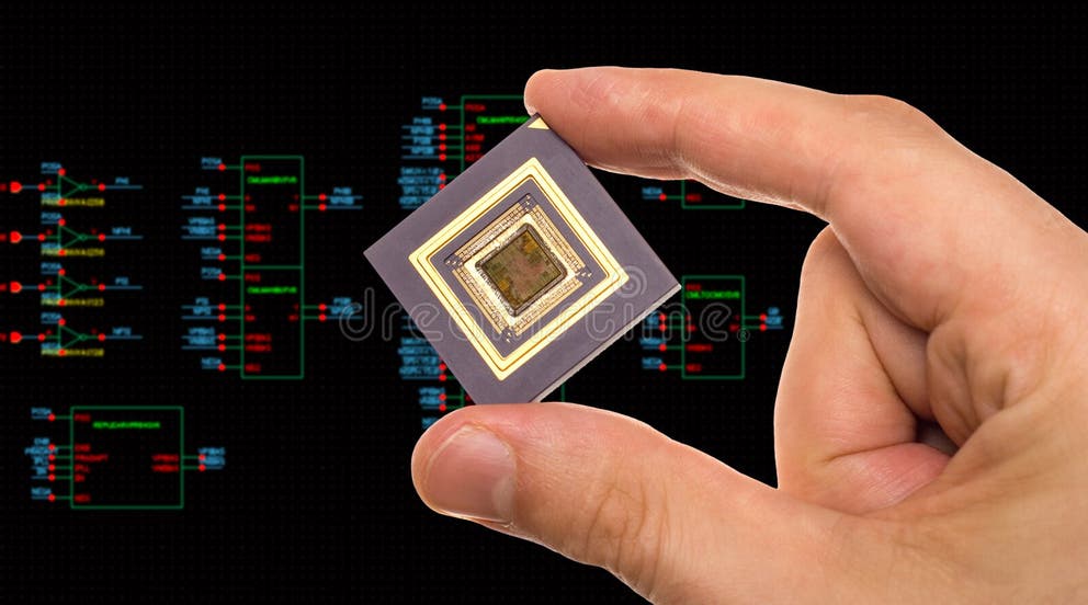 Microprocessor in Hand and Circuit Schematic Stock Image - Image of ...