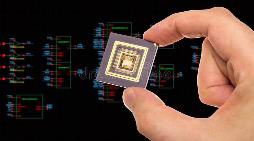 Microprocessor in Hand and Circuit Schematic Stock Photo - Image of ...