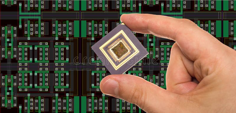 Microprocessor in Hand and Its Layout Stock Photo - Image of mask ...