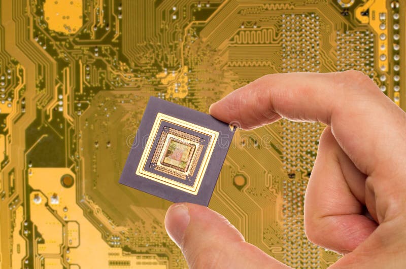 Microprocessor in Hand Over PCB Stock Photo - Image of hand, contact ...