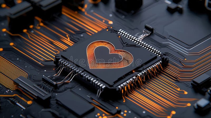 Microprocessor with Heart Symbol on Circuit Board in Dark Background ...