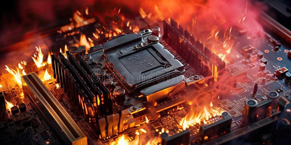 Microprocessor on Motherboard in Flames, Concept of Overheating Stock ...