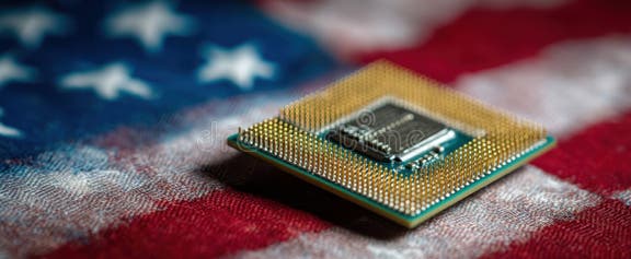 The Microprocessor Positioned on an American Flag Representing Technological Independence. AI ...