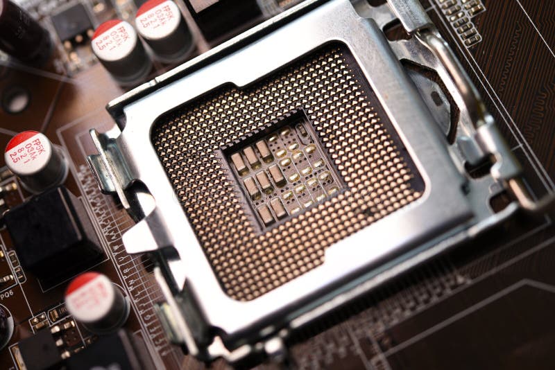 Microprocessor and Socket on the Motherboard. Computer Radio Components ...
