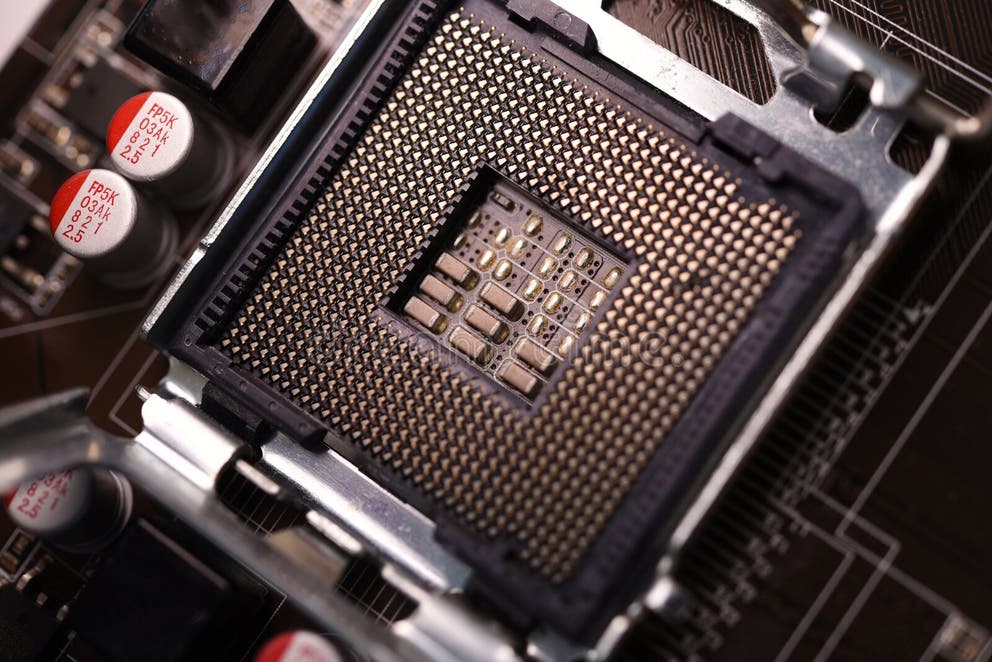 Microprocessor and Socket on the Motherboard. Computer Radio Components ...