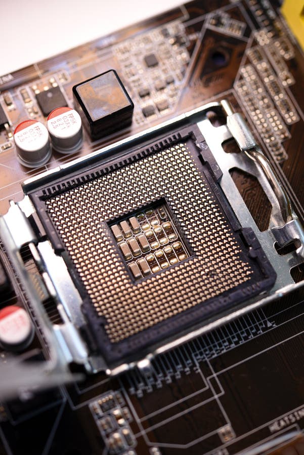 Microprocessor and Socket on the Motherboard. Computer Radio Components ...