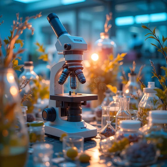 Microscope Amidst Botanical Specimens and Glassware in a Laboratory ...