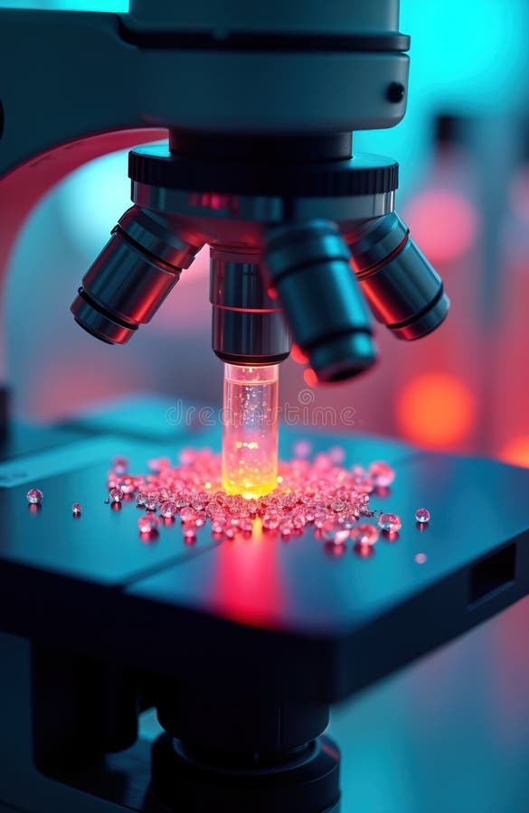 Microscope Analyzes Liquid Sample. Vibrant Droplets Illuminate Lab ...