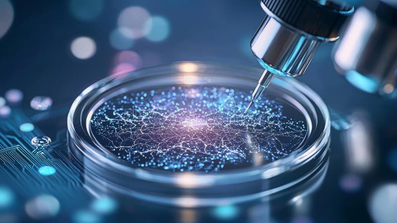 A Microscope Analyzes a Petri Dish with a Glowing Digital Brain ...