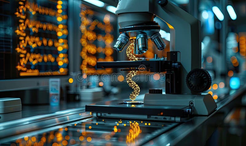 Microscope Analyzing DNA Strand with Background Computers and Intricate ...