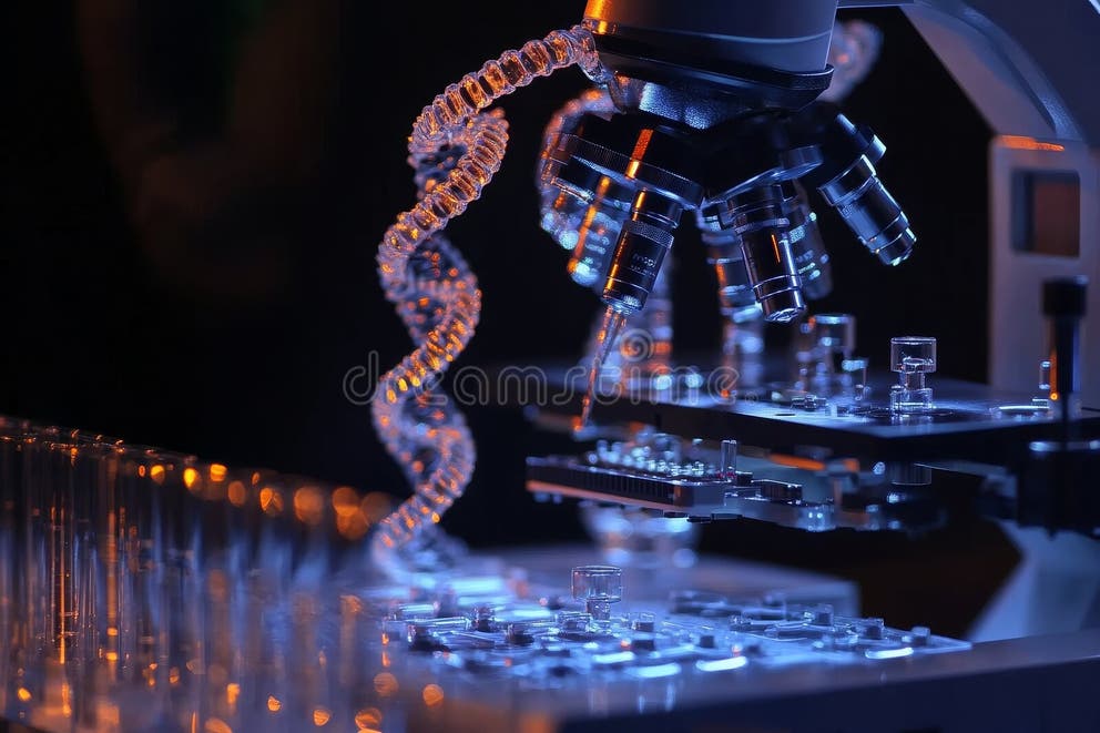 Microscope Analyzing Dna Strands in Advanced Laboratory Research Stock ...