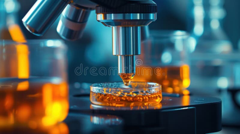 Microscope Analyzing Innovative Orange Liquid in Laboratory Setting ...