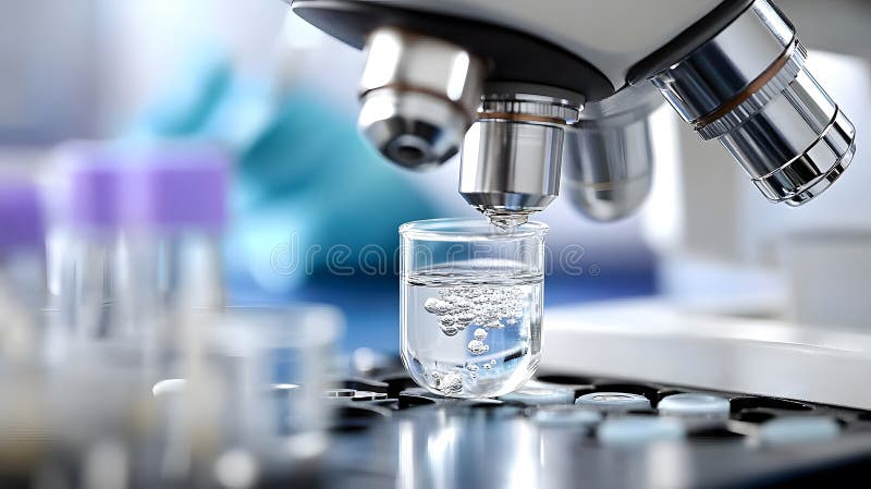 Microscope Analyzing Liquid Sample in a Transparent Container with ...