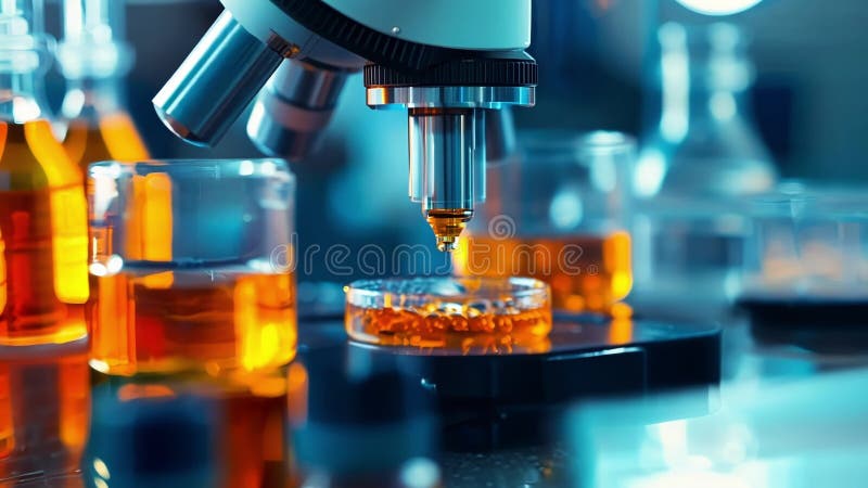 Microscope Analyzing Liquid Substance in Research Laboratory Stock ...