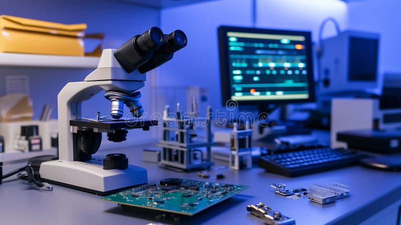 Microscope Analyzing Microchip in Modern Laboratory with Computer Showing Analysis Results Stock ...