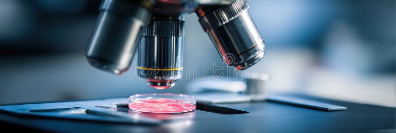 Microscope Analyzing Skin Tissue Sample in Laboratory Setting with Blurred Background and Clear ...