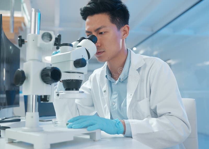 Microscope, Asian Man and Researcher in Lab, Science and Testing ...