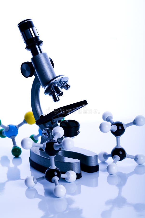 Research Microscope with Molecule Structural Formula and Periodic Table ...