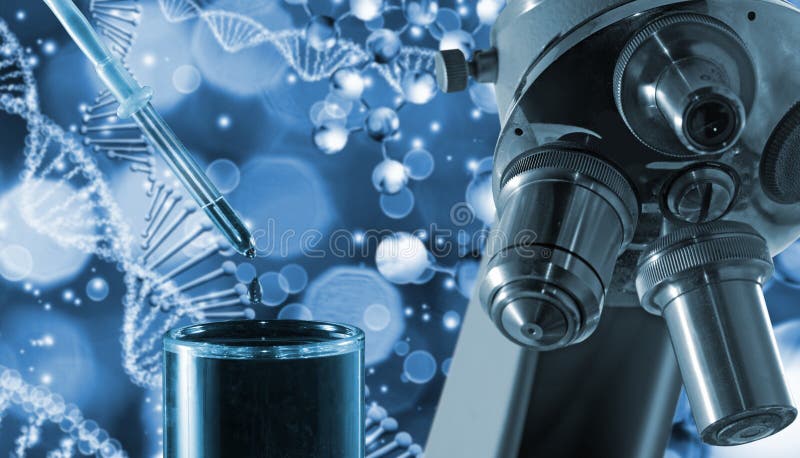 Microscope on the Background of a Stylized Image of a DNA Chain Stock ...