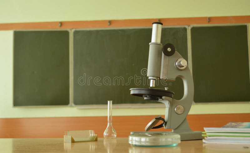 Microscope, Beakers on the Background of the School Board Stock Image ...