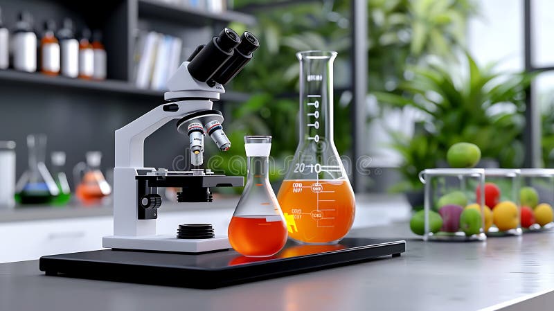 Microscope and Beakers in Scientific Research Lab Stock Illustration ...
