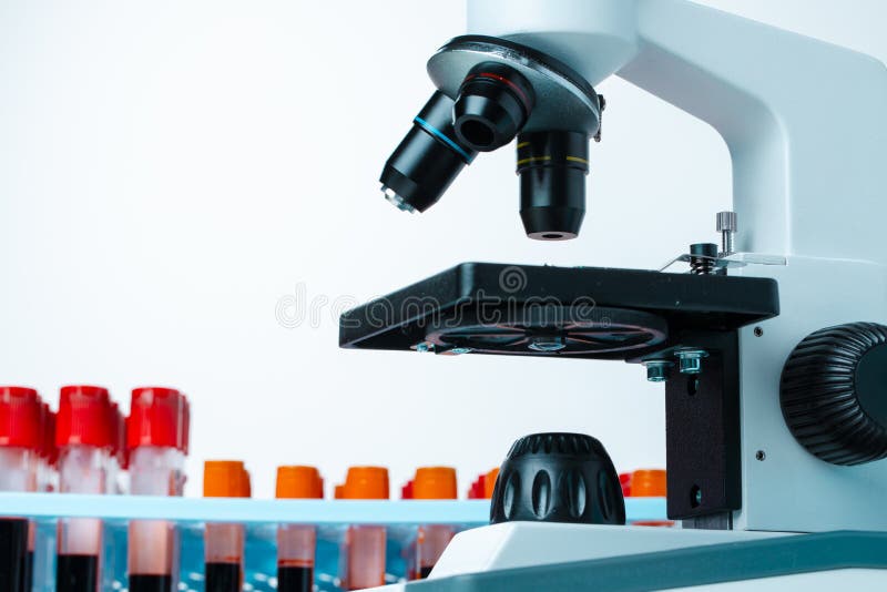 Microscope with Blood Samples Test Tubes Close Up Stock Image - Image ...