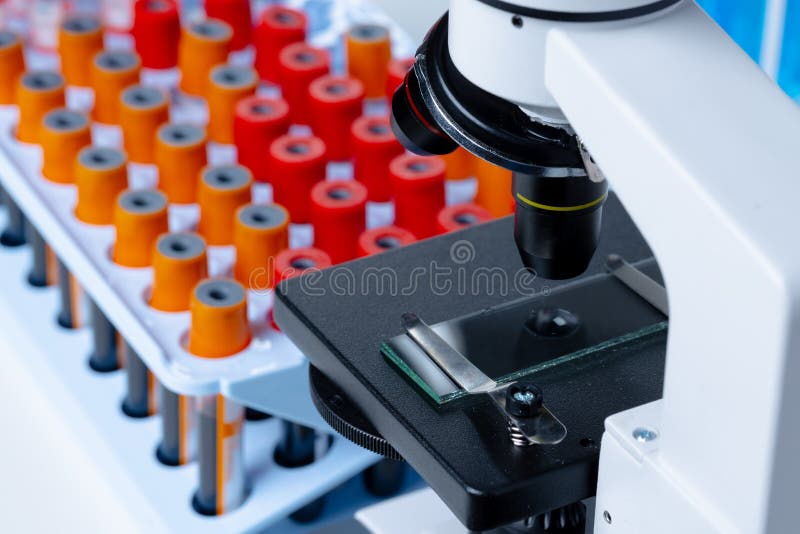 Microscope with Blood Samples Test Tubes Close Up Stock Photo - Image ...