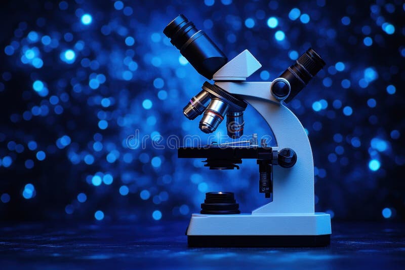 Microscope with Blue Bokeh Background in Laboratory Setting at Night ...